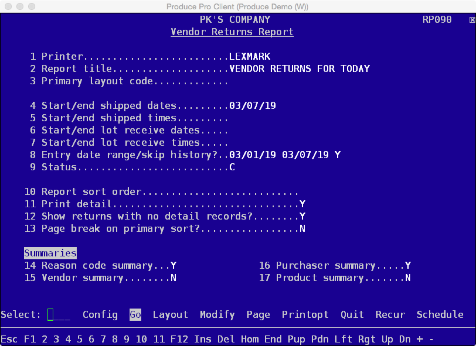 Printer — Enter or search for a printer code.