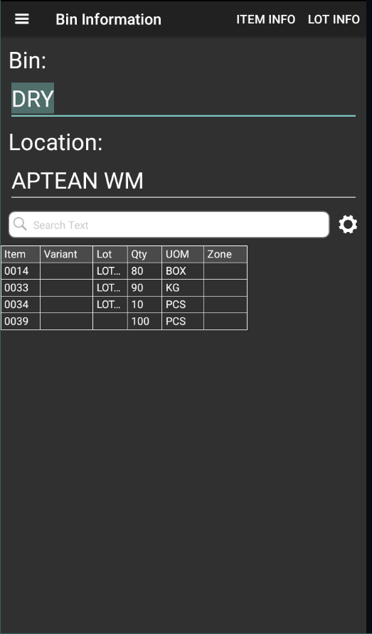 MWR - Aptean mobile warehouse activity for bin information
